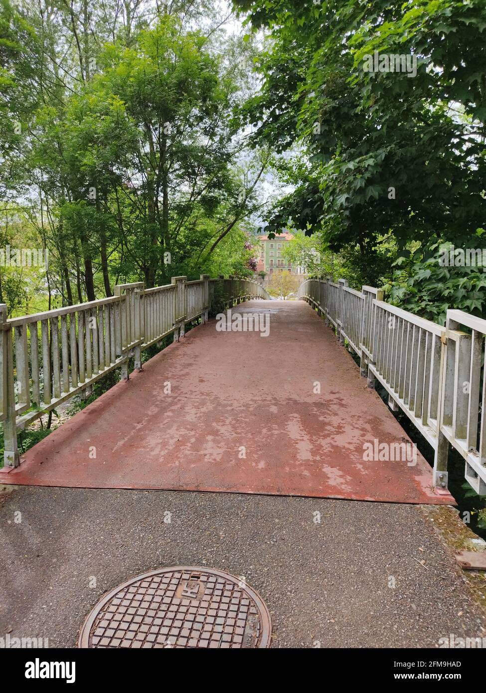 Pedestrian bridge with handrails on both sides in the green public park ...