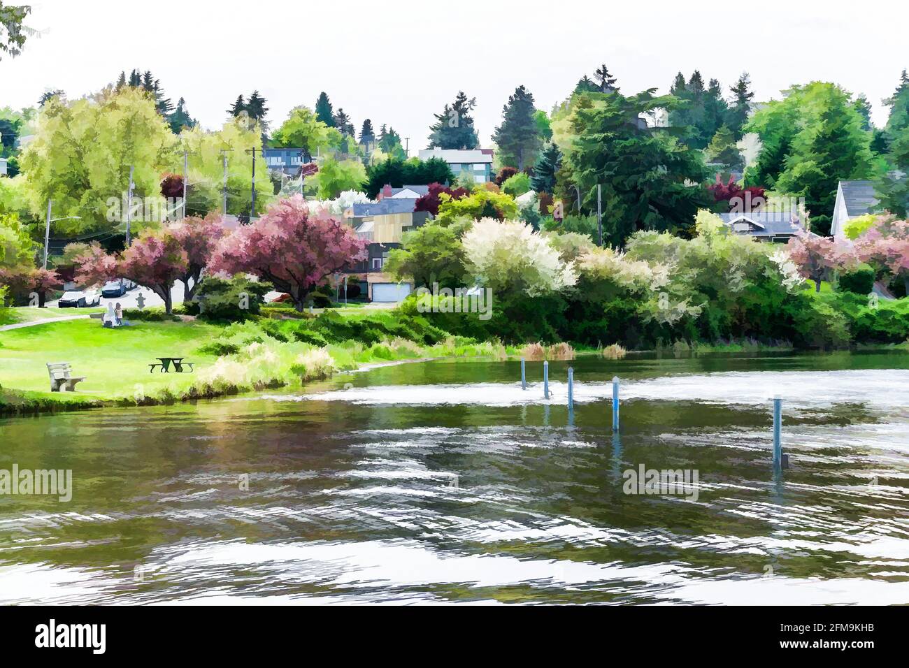 An illustration of the shoreline of Lake Washington in Seattle Stock ...