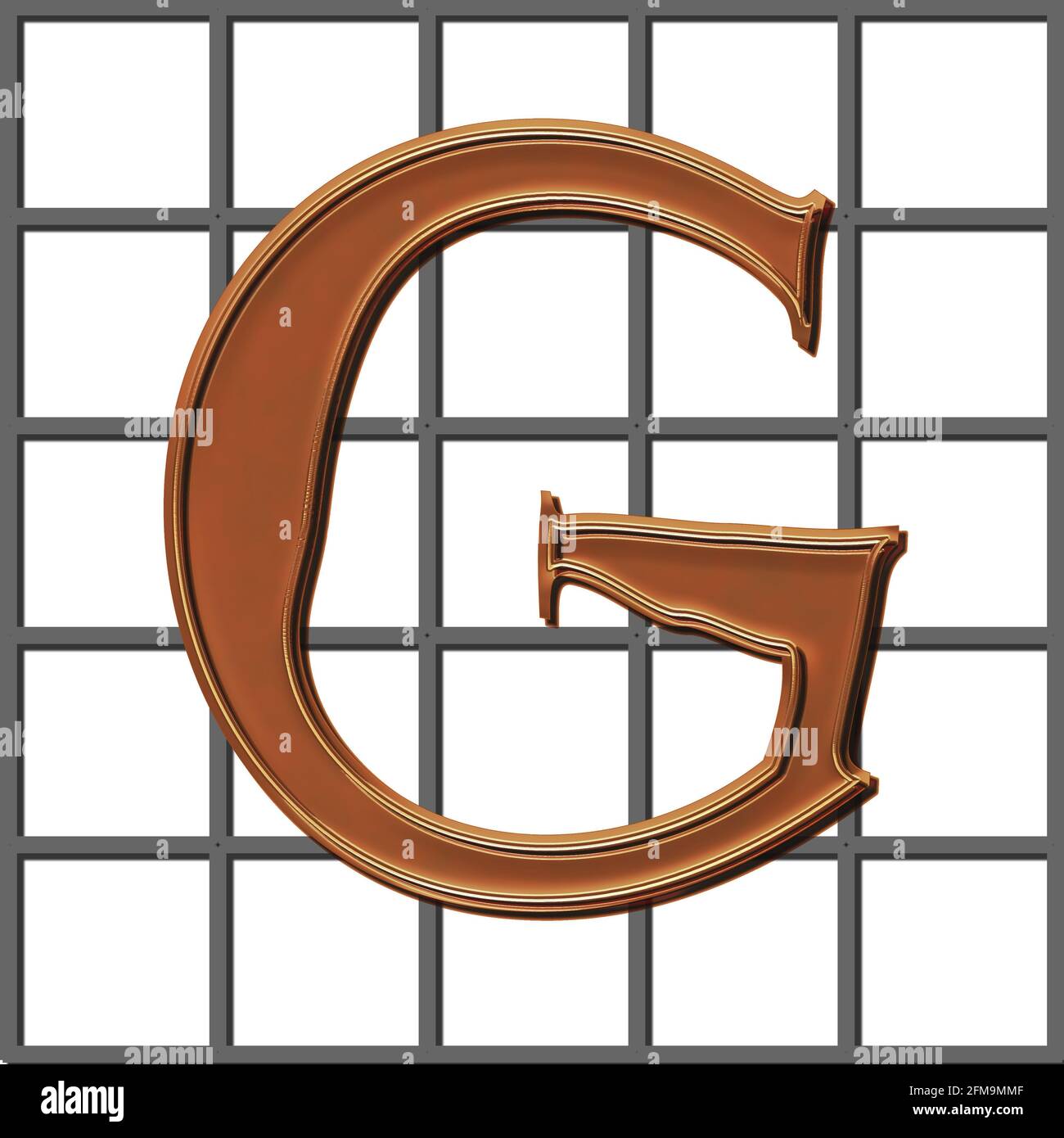 square graphic with the upper-case character G made of copper on a grid ...