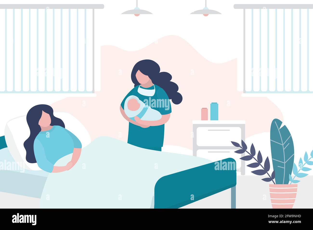 Beauty woman lies on bed after giving birth,nurse hold newborn baby ...