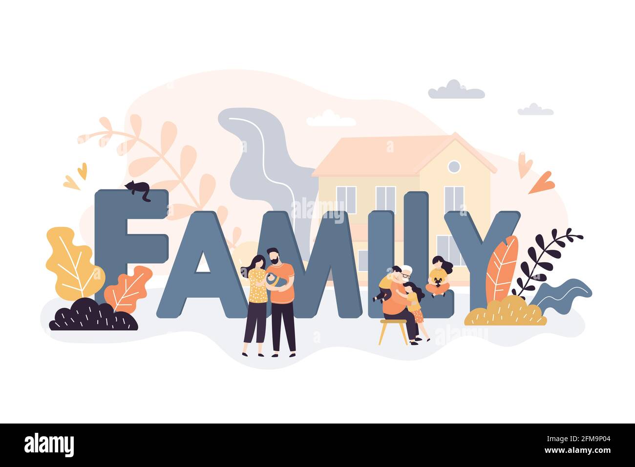 Big letters-family. Tiny people in different poses. Parents spend time ...