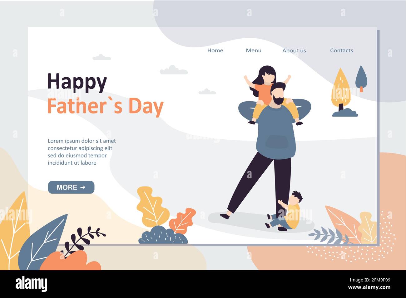Happy father day landing page template. Dad spends time with children ...