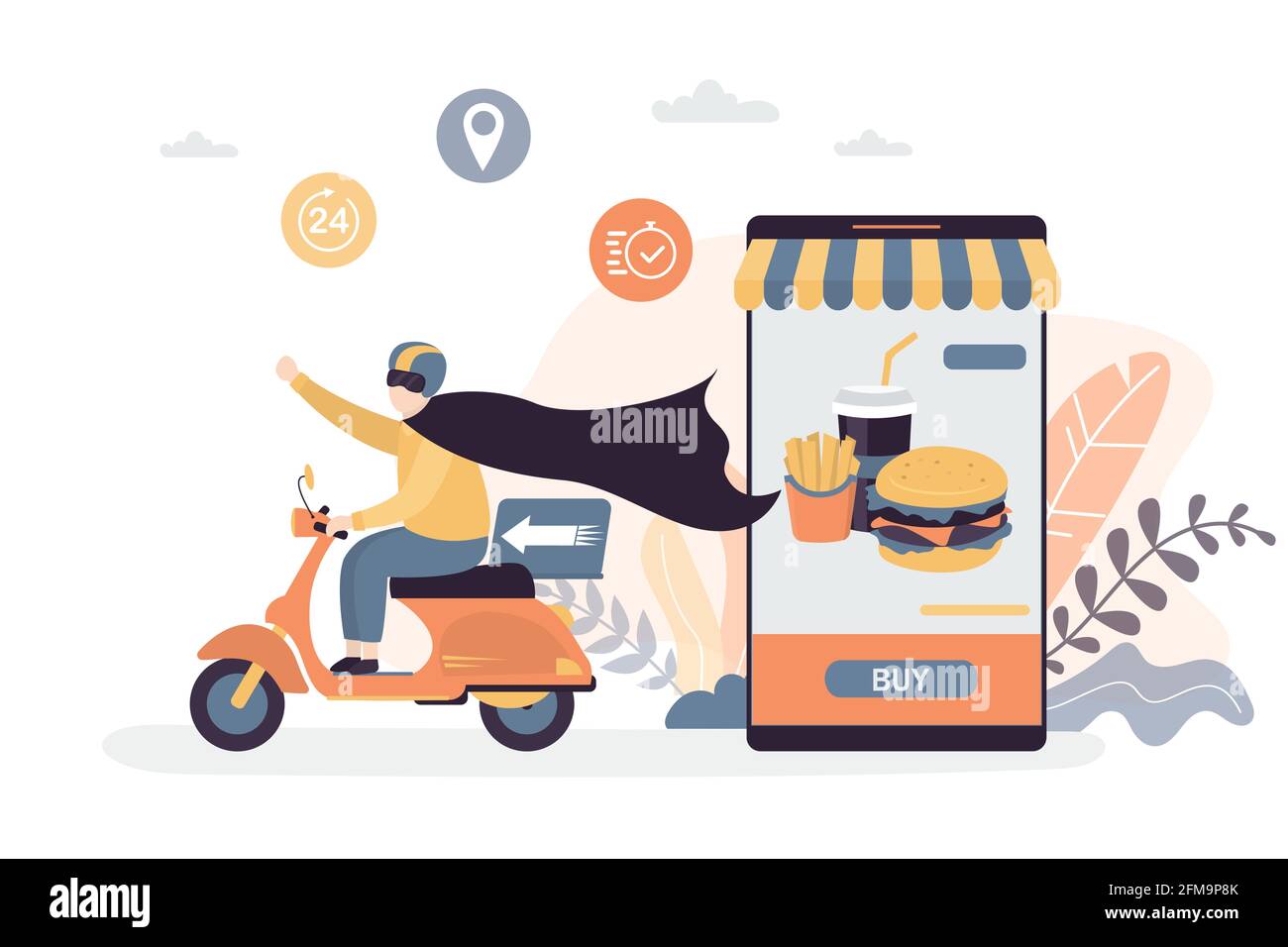 Funny delivery man ride motorbike. Courier dressed as a superhero. Fast ...