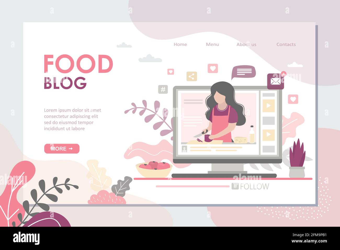 Food blog landing page template. Cooking video on monitor display ...