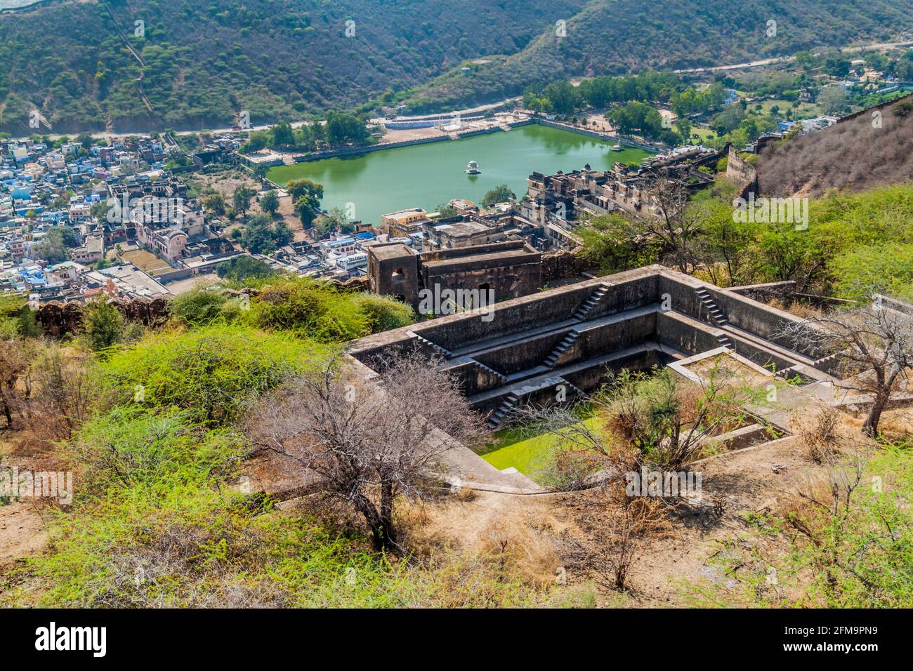 Aerial view of Bundi from Taragarh Fort with a step well and Nawal ...