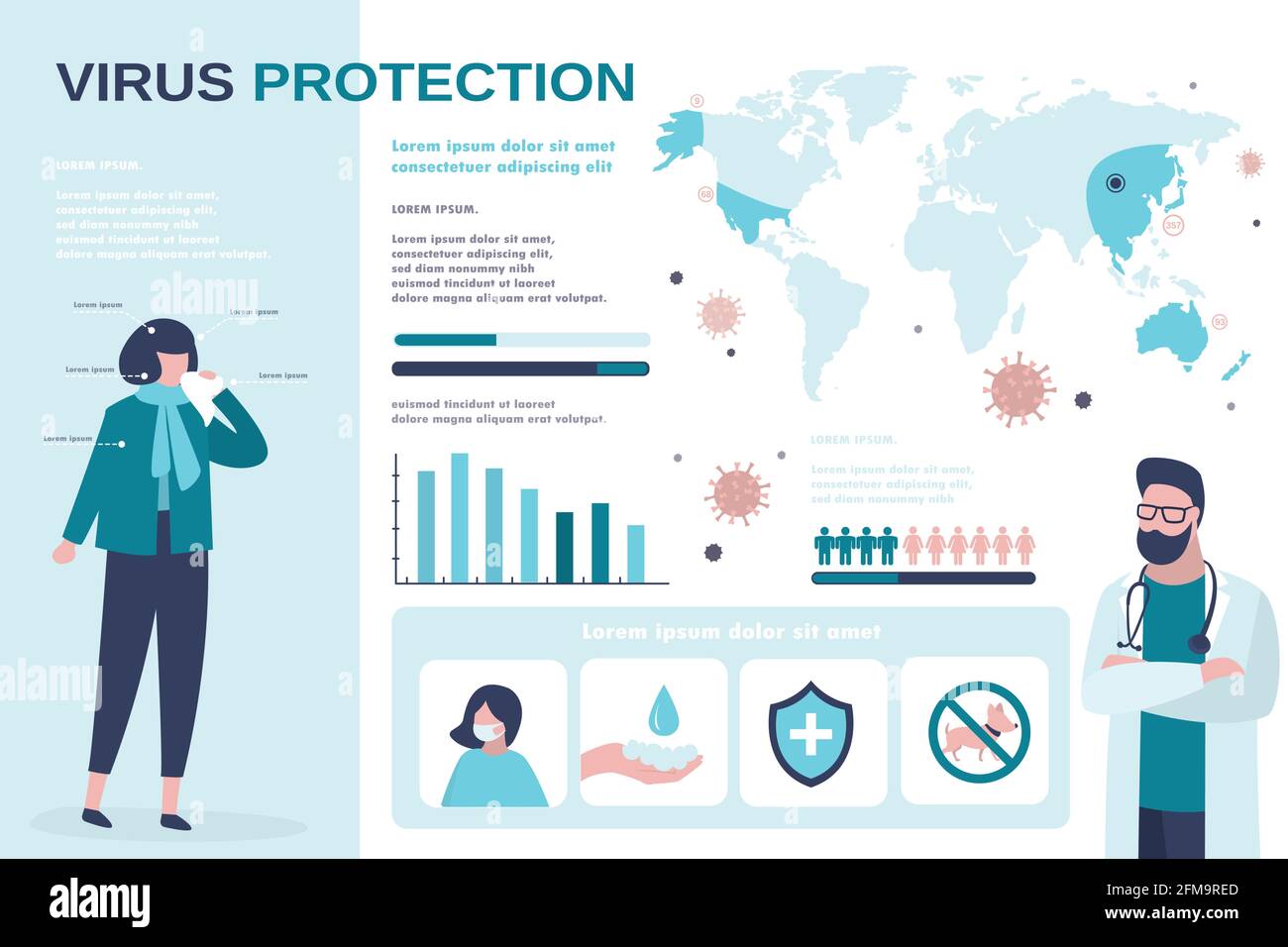 Virus protection infographics. Woman patient, doctor and global ...