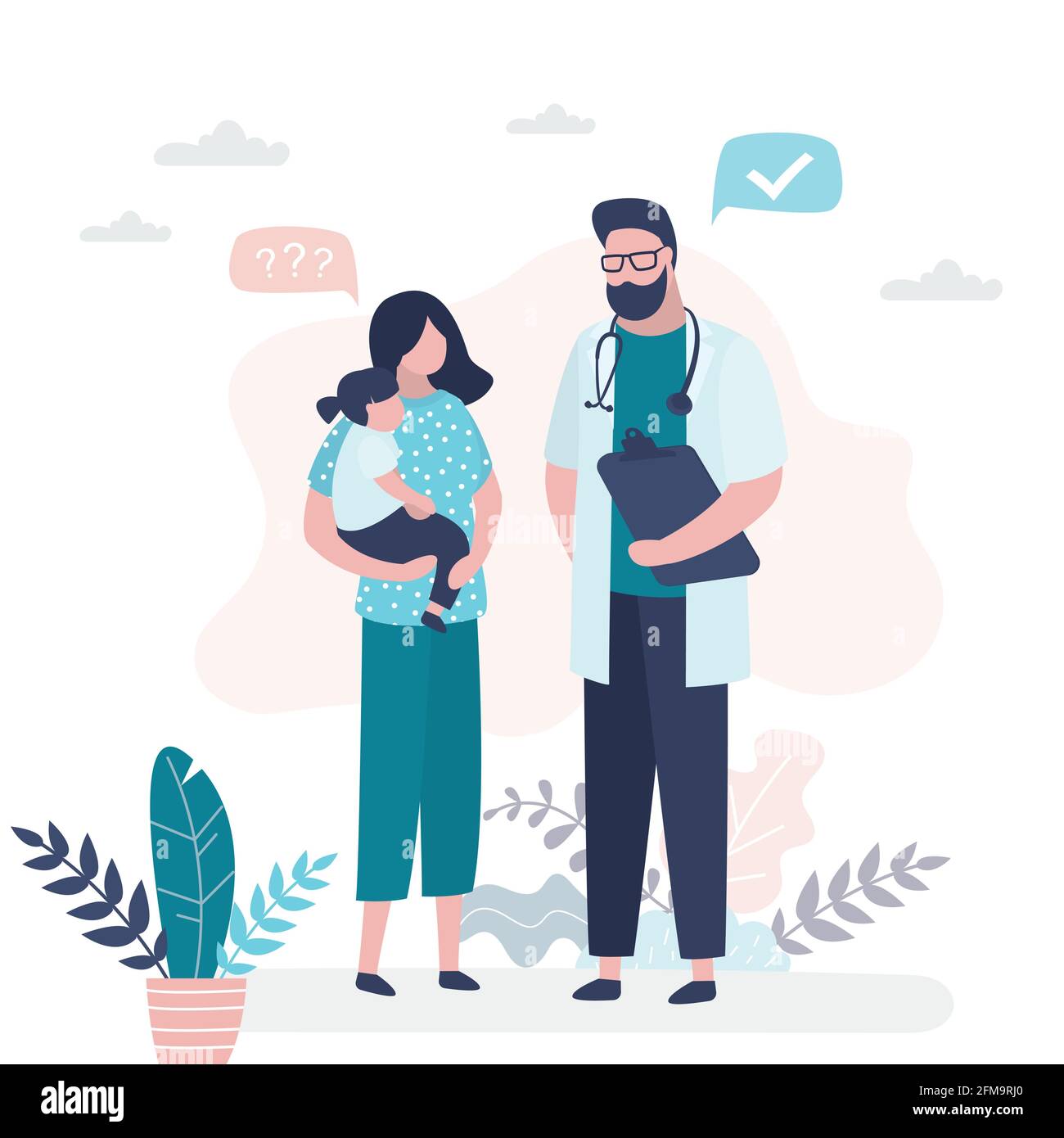 Pediatrician doctor talking to patients. Mother with daughter and male ...