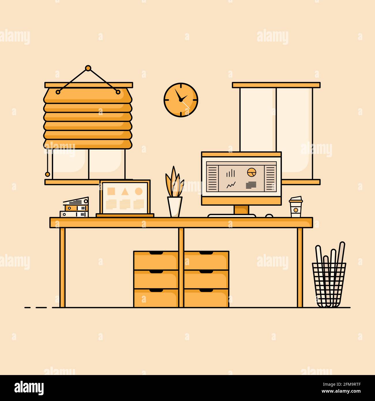 Working table flat design, Concept of working desk interior with ...