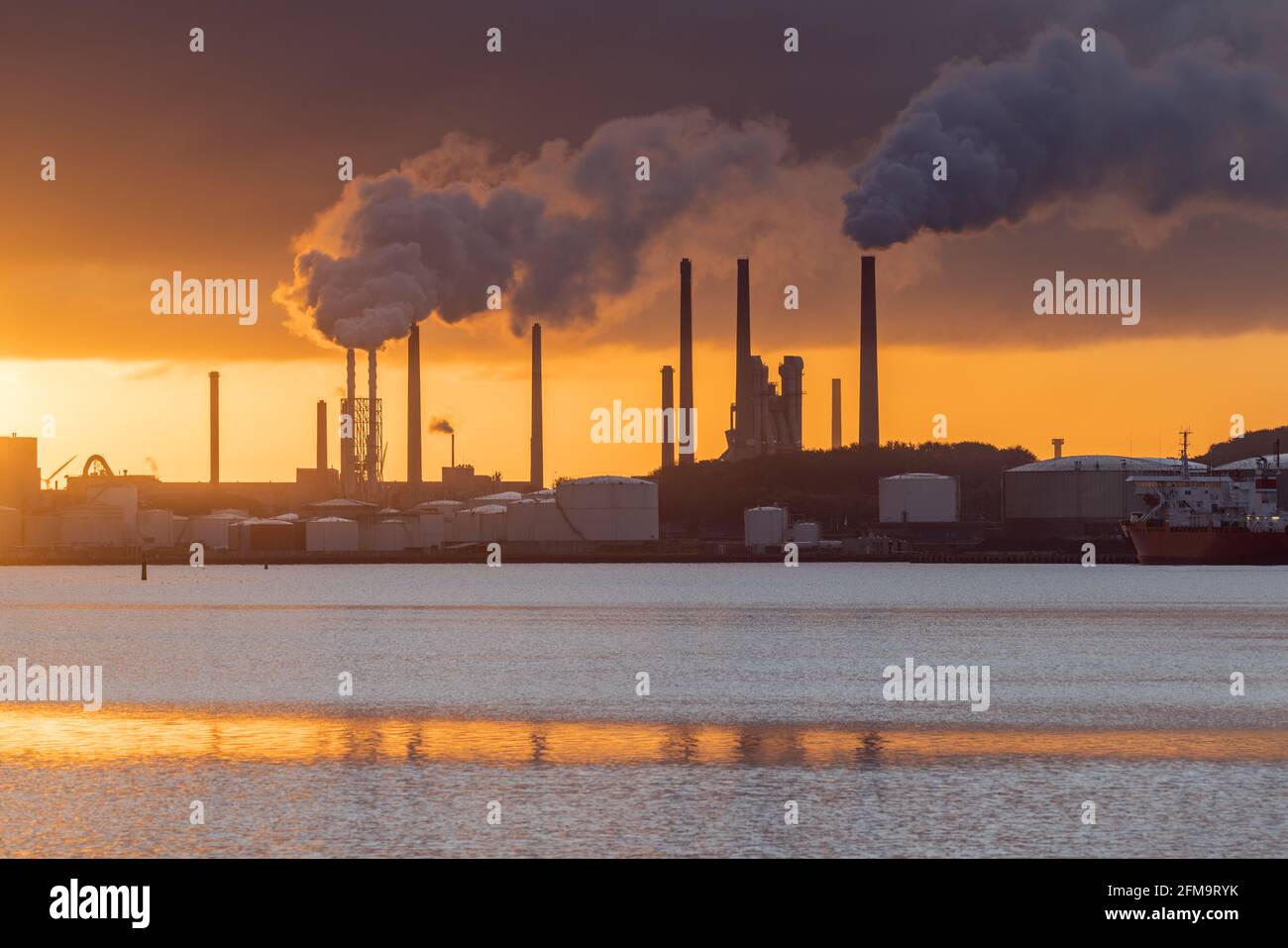 Sunrise over the harbor at Limfjord, Aalborg, North Jutland, Jutland ...