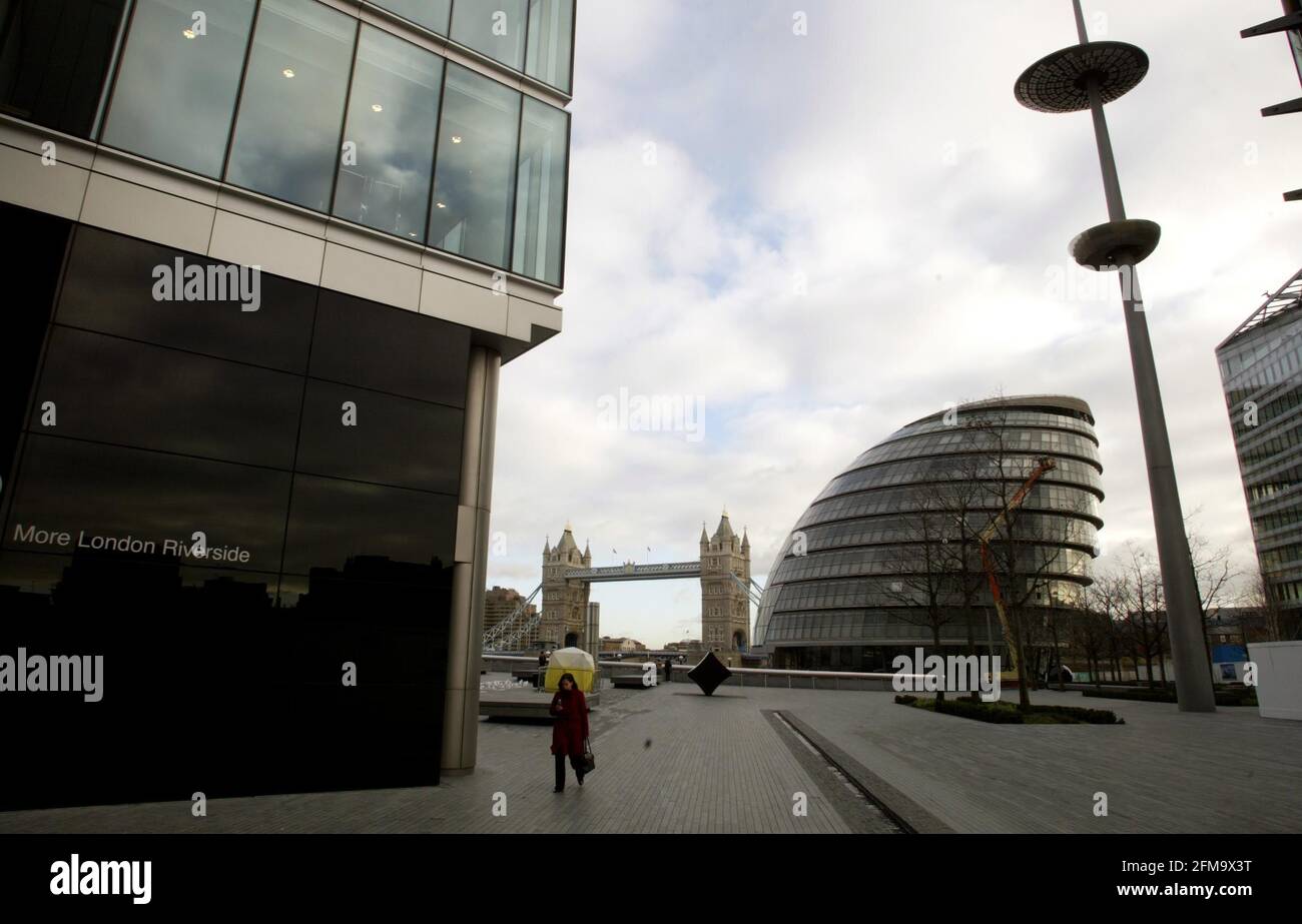 Modern glass buildings in and around the Tower Bridge area, London ...