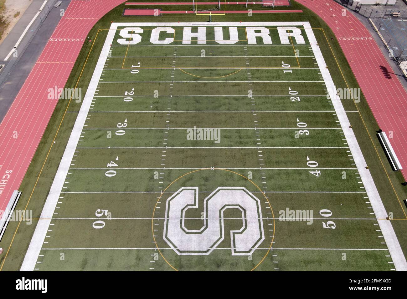 An aerial view of the track and Ken Davis Field at Schurr High School ...