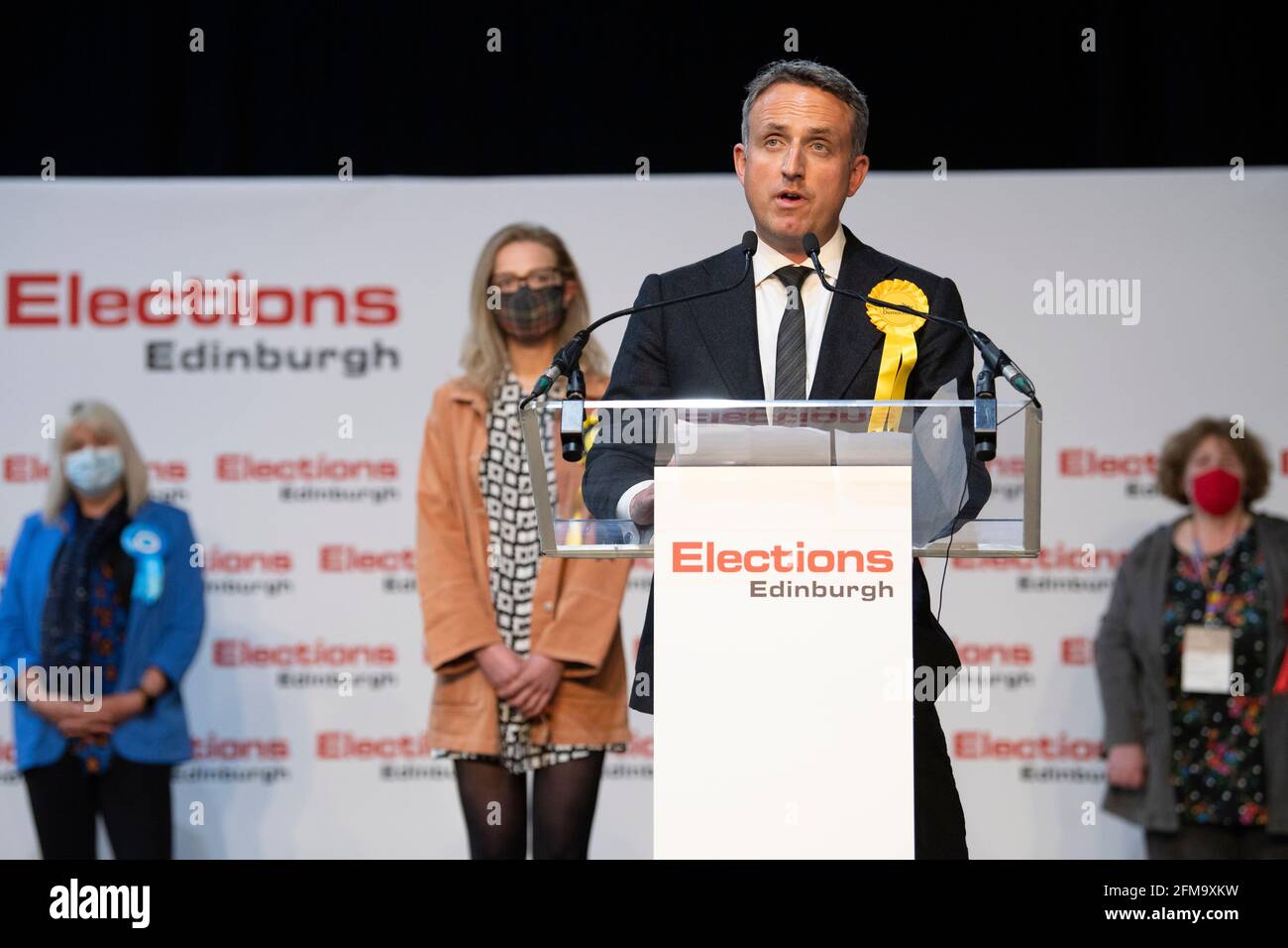 Liberal Democrat candidate Alex Cole Hamilton speaks after he held his ...