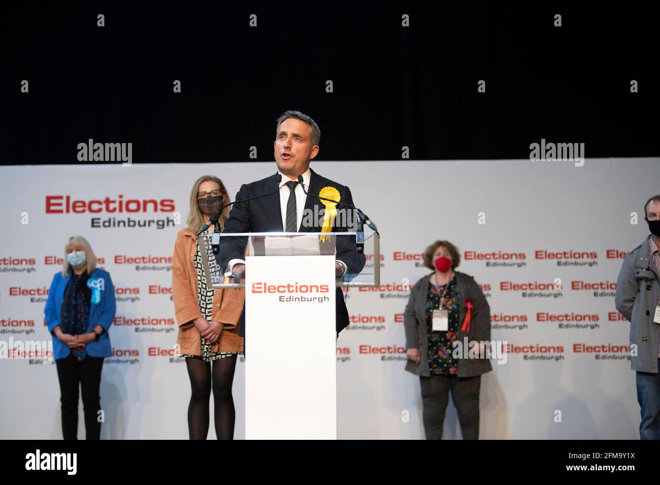Liberal Democrat candidate Alex Cole Hamilton speaks after he held his ...