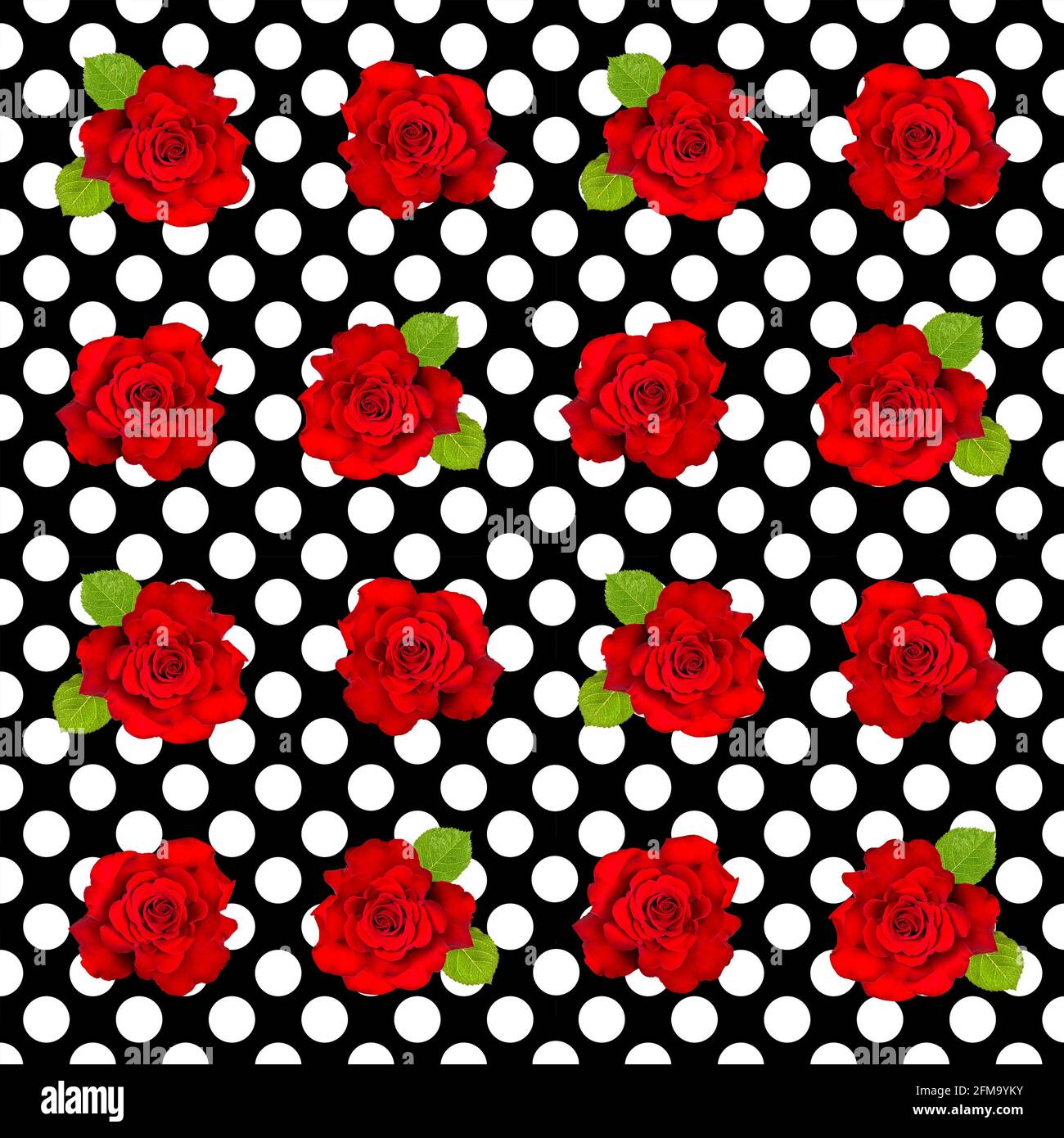 Black white design with red roses. Polka dot pattern. Retro style ...