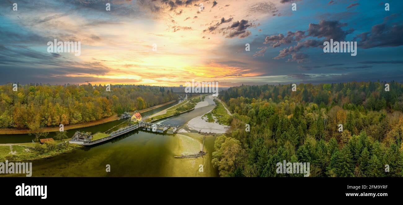 Beautiful natural scenery of river in southern bavaria with a green ...