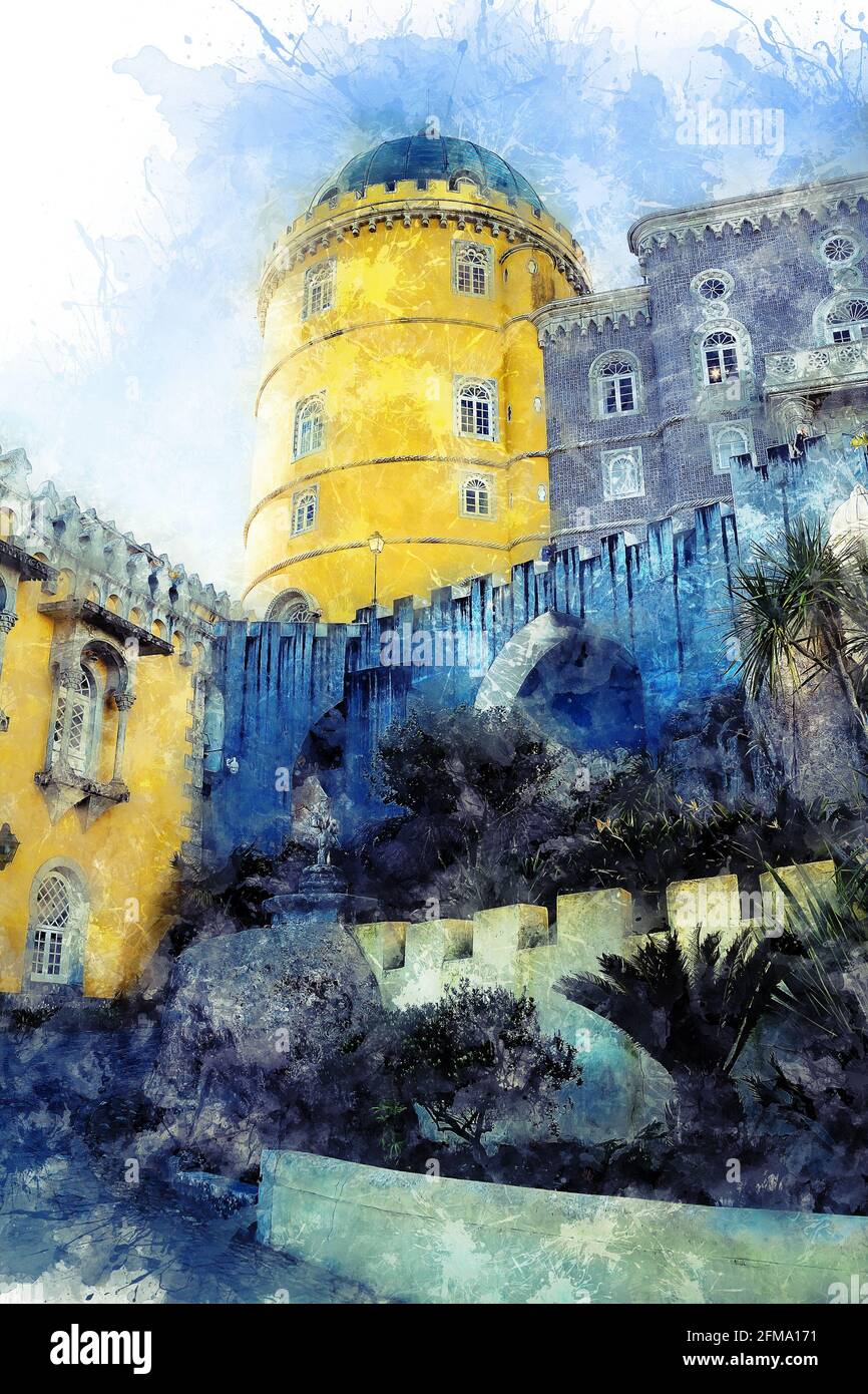 Watercolor drawing, illustration. Pena National Palace in Sintra ...