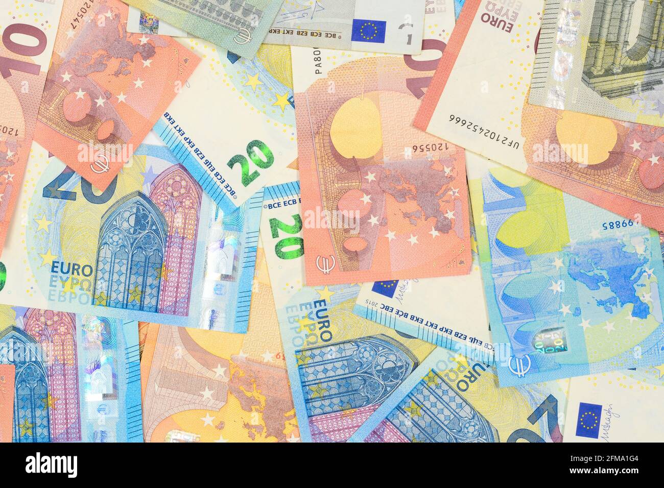 Euro banknotes of different value. Euro currency paper money bills and ...