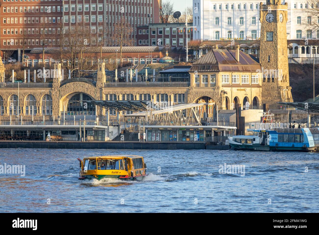 Hamburg, launch on the Elbe in front of the landing stages Stock Photo ...