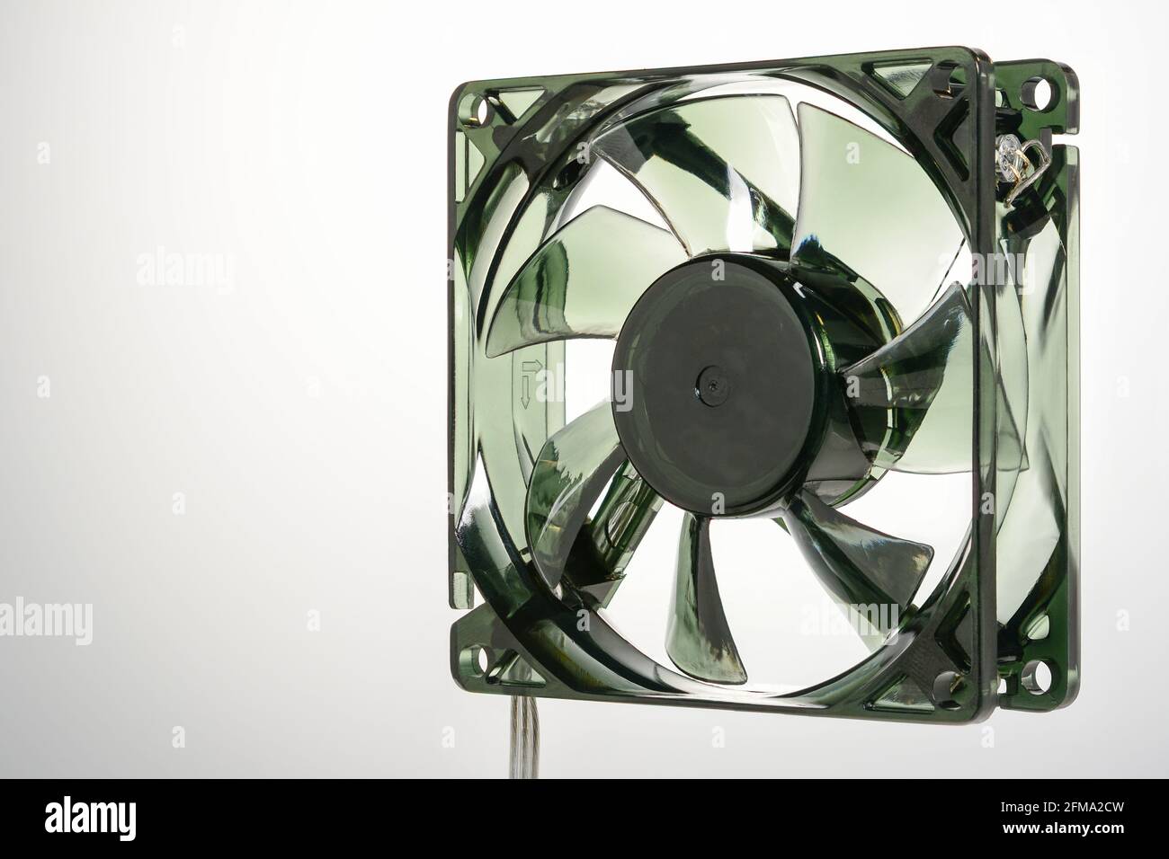 Translucent computer fan. Right side view of semitransparent pc cooler ...