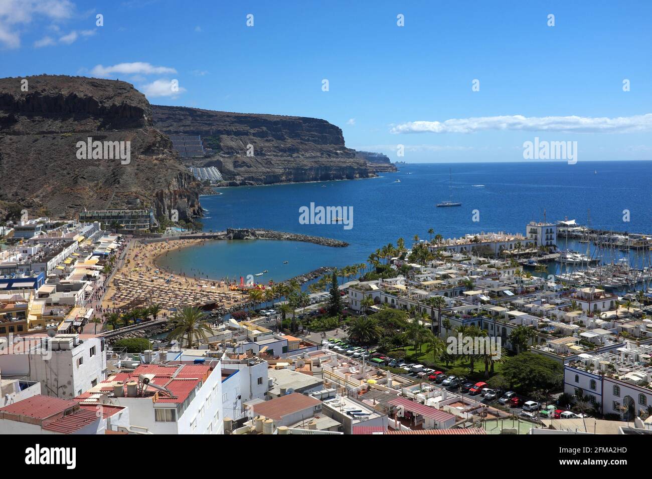 Aerial view of Playa de Mogan, in Gran Canaria, Spain, one of the ...