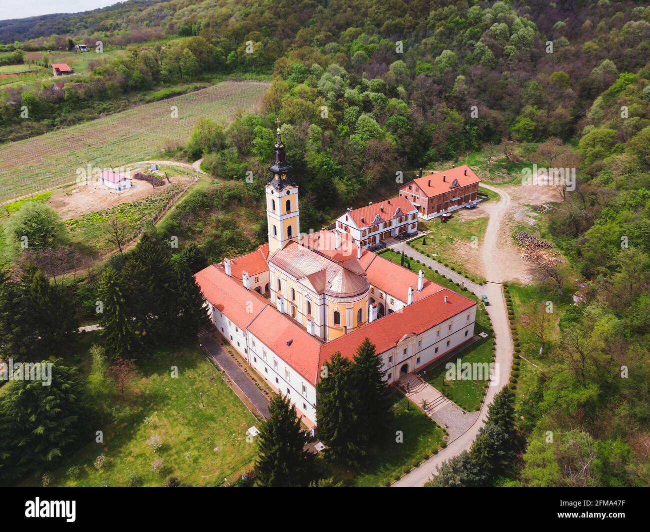 Aerial view of Monastery Grgeteg, National Park Fruska Gora, Vojvodina ...