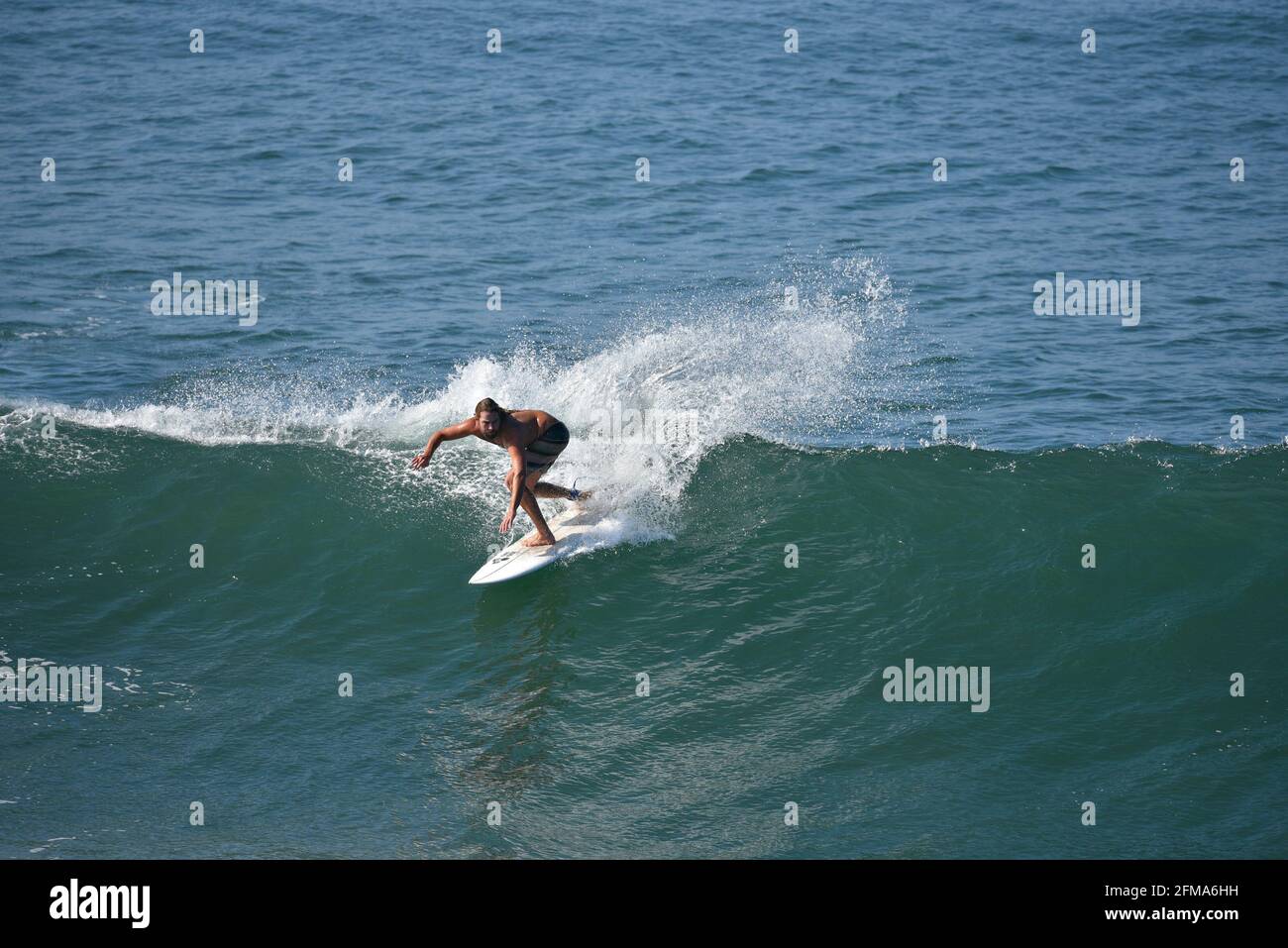 Male surfer riding a wave standing on a surfboard; on the coast of ...