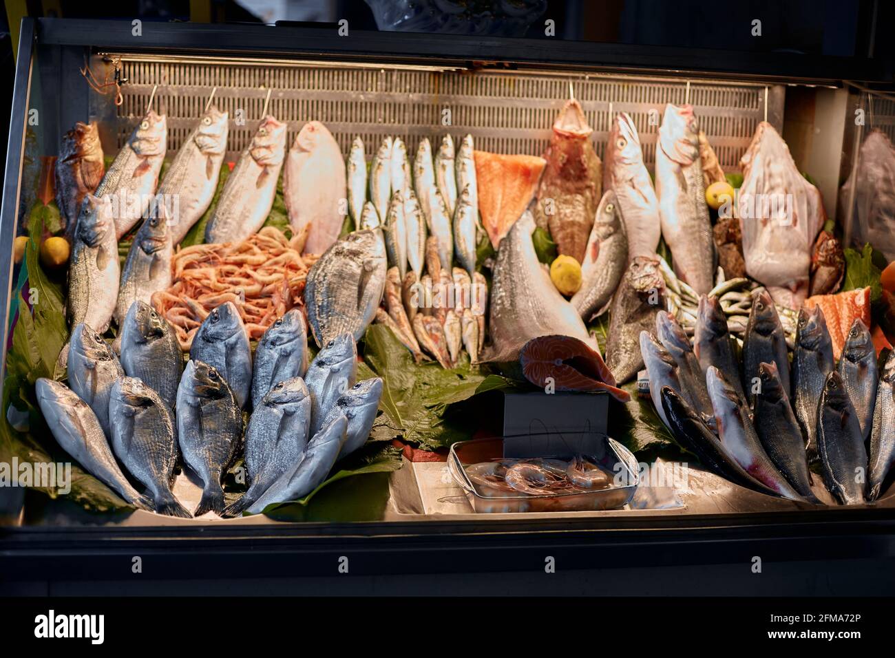 Street stall with fresh fish on the waterfront of Istanbul. Fresh ...