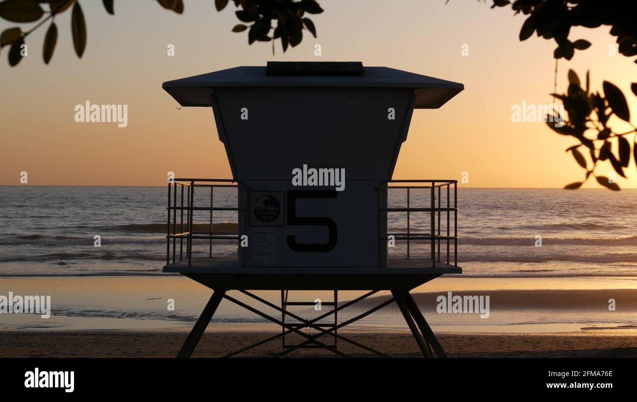 Lifeguard watch tower, sunny sunset beach, Oceanside USA. Rescue ...