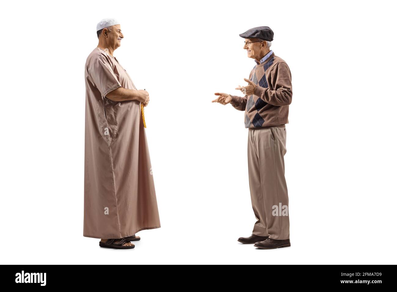 Conversation between an elderly caucasian and a muslim man isolated on ...