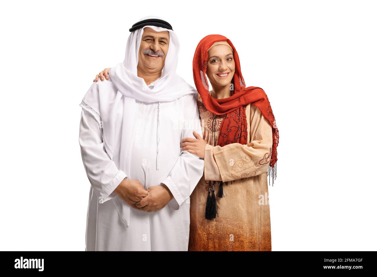 Muslim father and daughter smiling at camera isolated on white ...