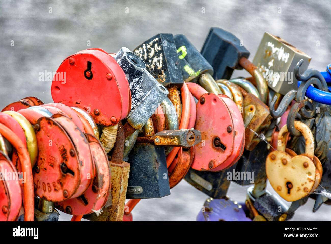 Locks hung on the railing of the bridge according to tradition on the ...