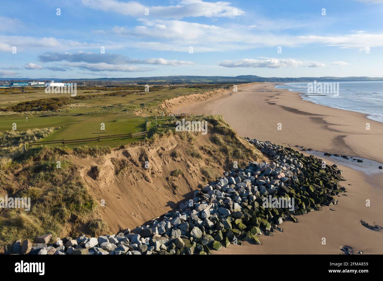 Aerial view of coastal erosion affecting the 1562 golf course, Montrose ...