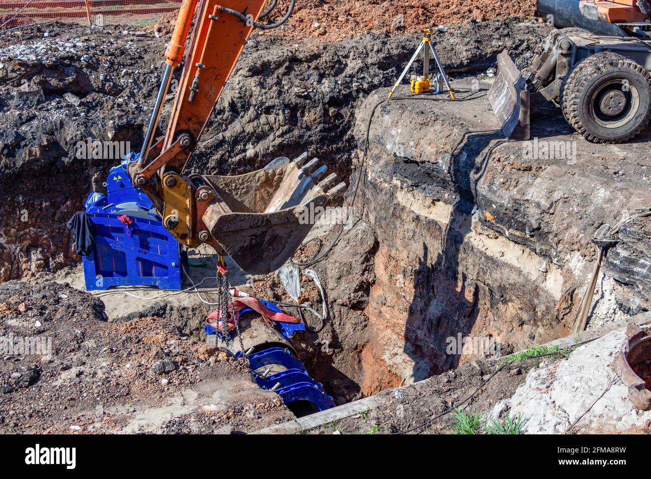 Samara, Russia - May 06, 2021: Excavator bucket close-up performs ...