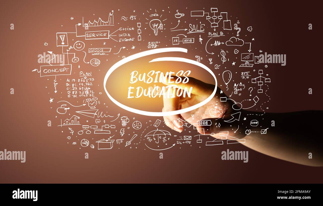 Hand touching hand drawn icons Stock Photo - Alamy