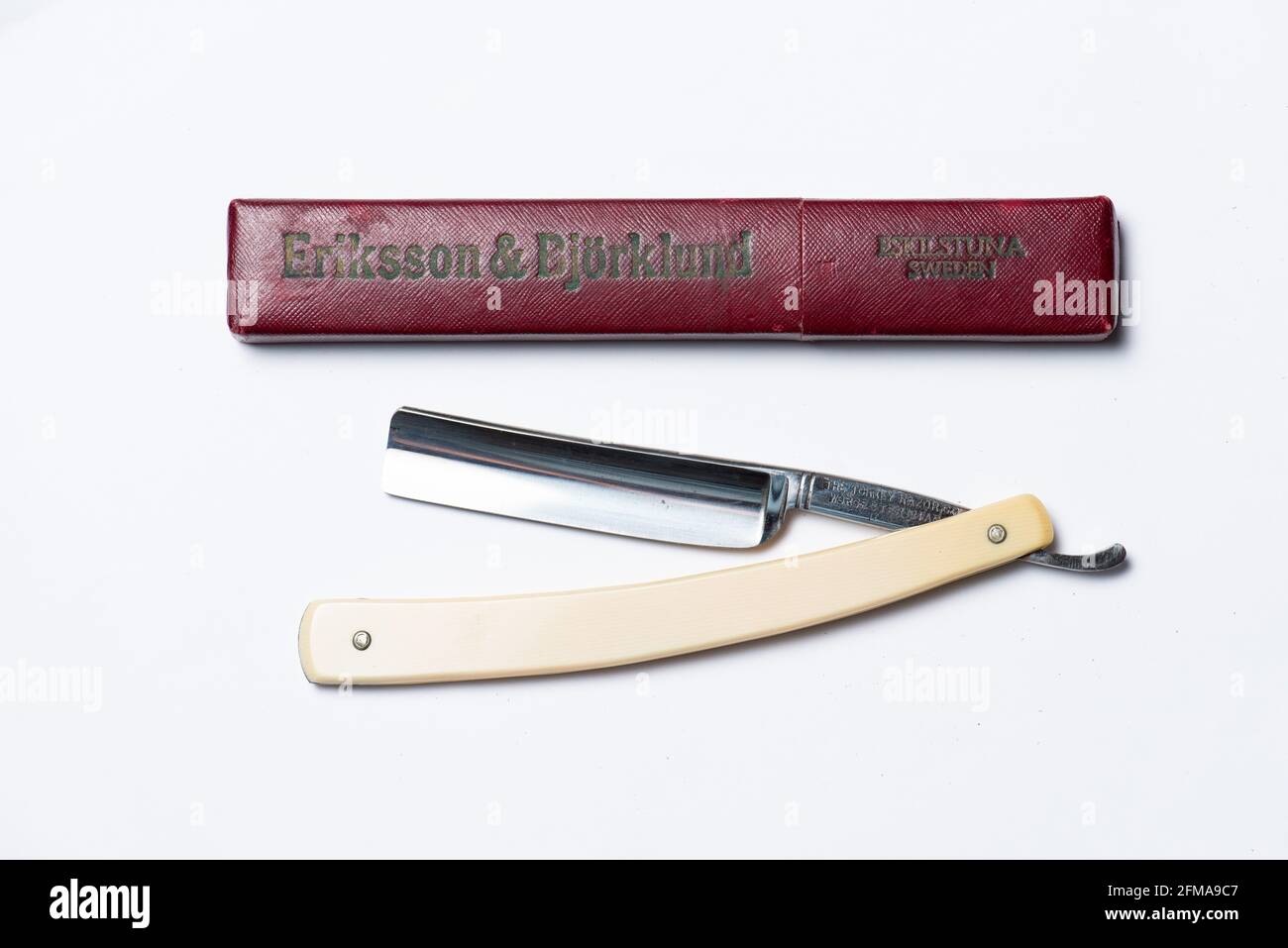 July 2019 - Lindesnes, Norway: White, vintage straight razor with ...
