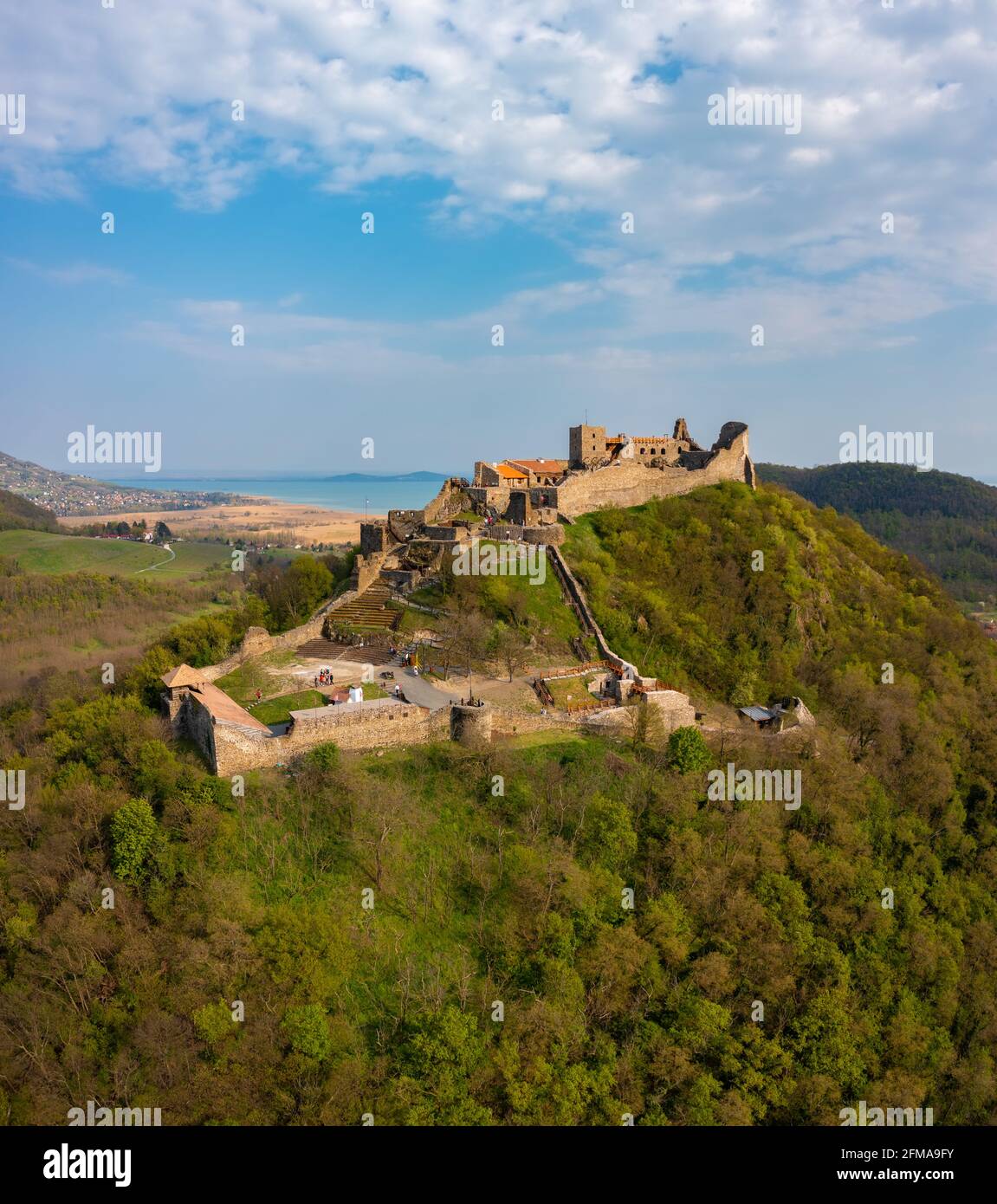 Aerial panoramic view about castle of Szigliget with Lake Balaton at ...