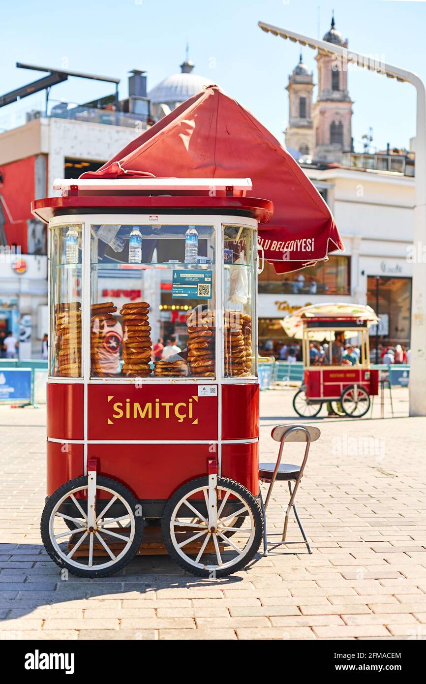 Simit street mobile counter with bagels in Turkey. Fresh baked goods ...