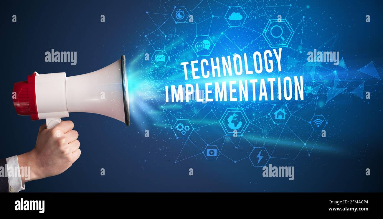Young woman shouting in megaphone, technology announcement concept ...