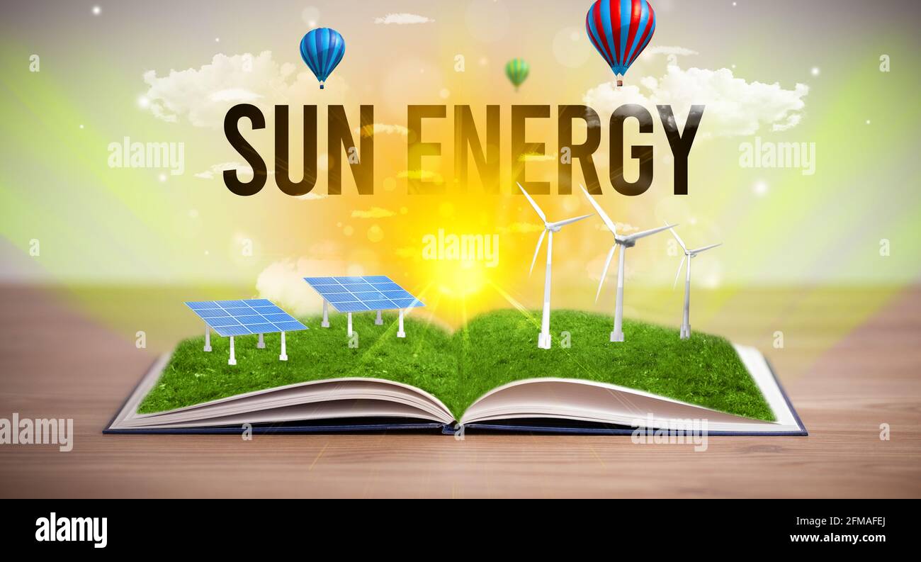 Open book, renewable energy concept Stock Photo - Alamy
