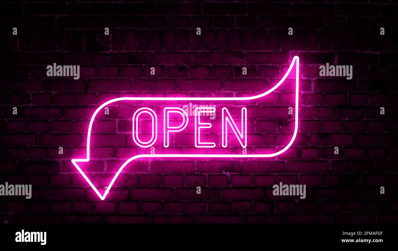 3D rendering of glowing neon arrows with the inscription open on a ...