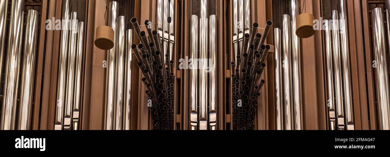 Organ register with different pipes from metal, musical instrument ...