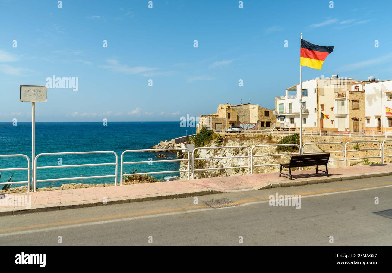 Waterfront promenade of Terrasini at a sunny morning, province of ...