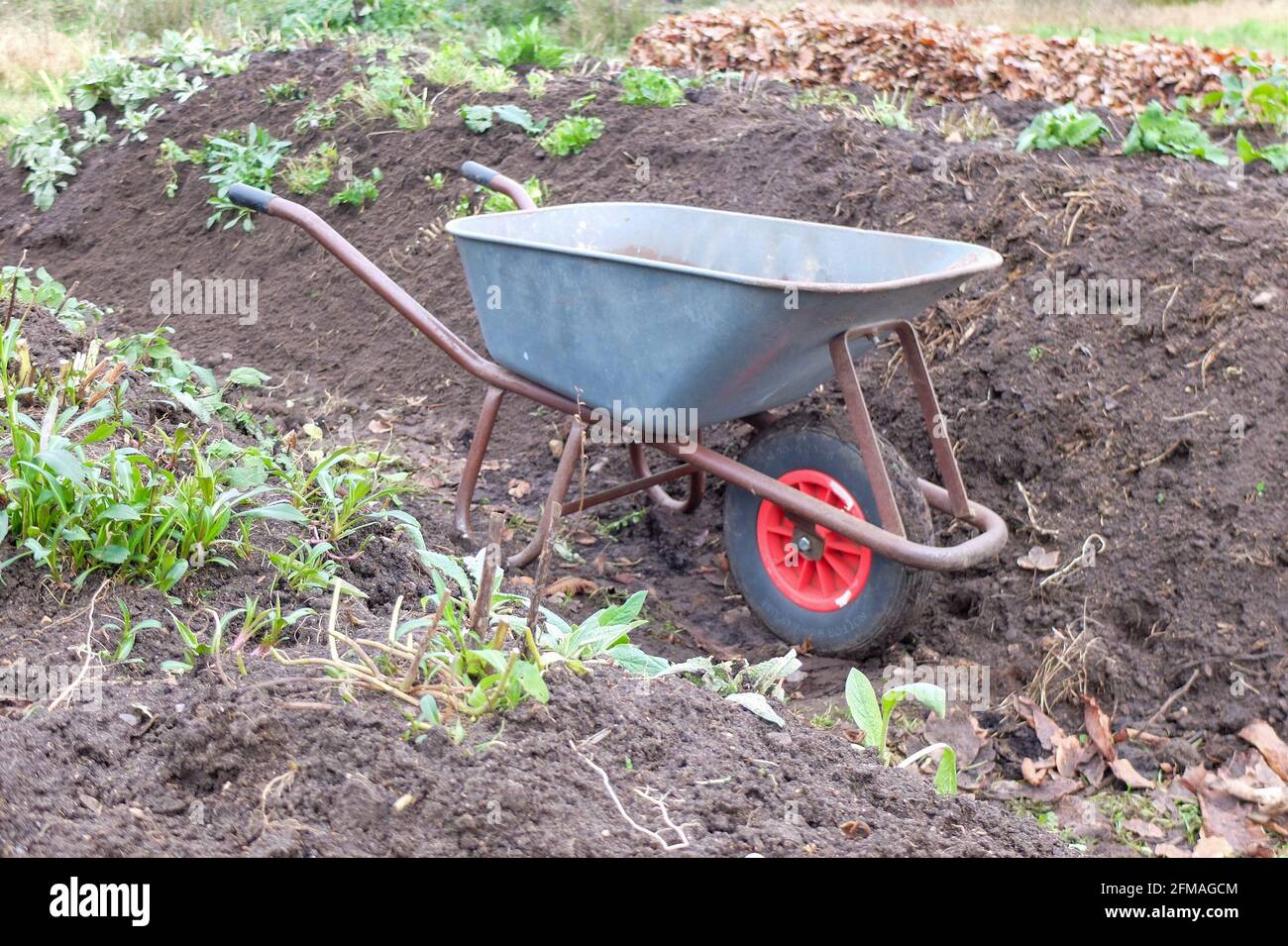 Wheelbarrow in front of the hill bed Stock Photo - Alamy