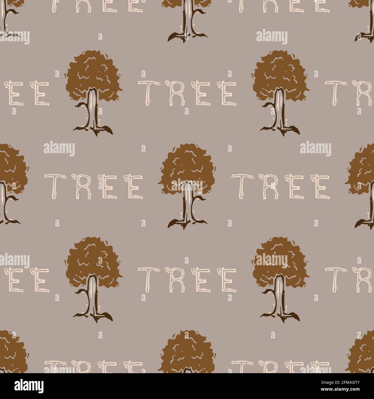 Seamless minimalist doodle tree pattern background. Calm boho earthy ...