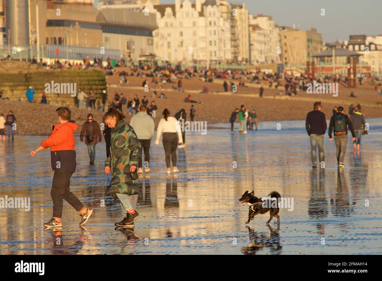 Beachgoers on Brighton beach during a low tide, late afternoon, spring ...