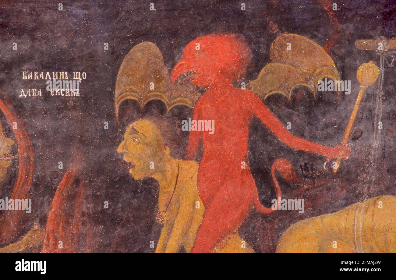 Detail of painted fresco depicting the devil, Rila Monastery (Bulgarian ...
