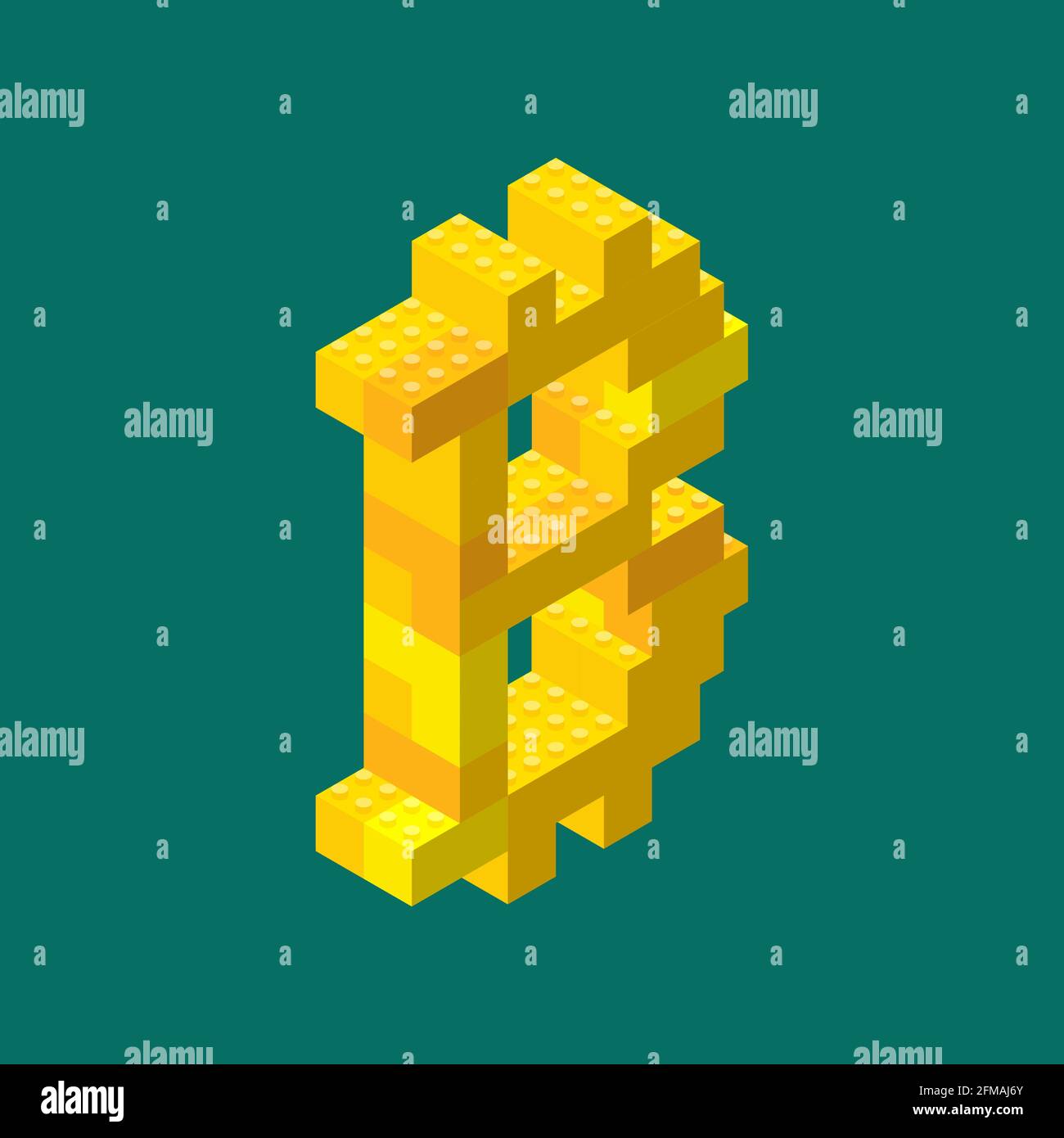 Isometric bitcoin sign assembled from plastic blocks. Vector ...