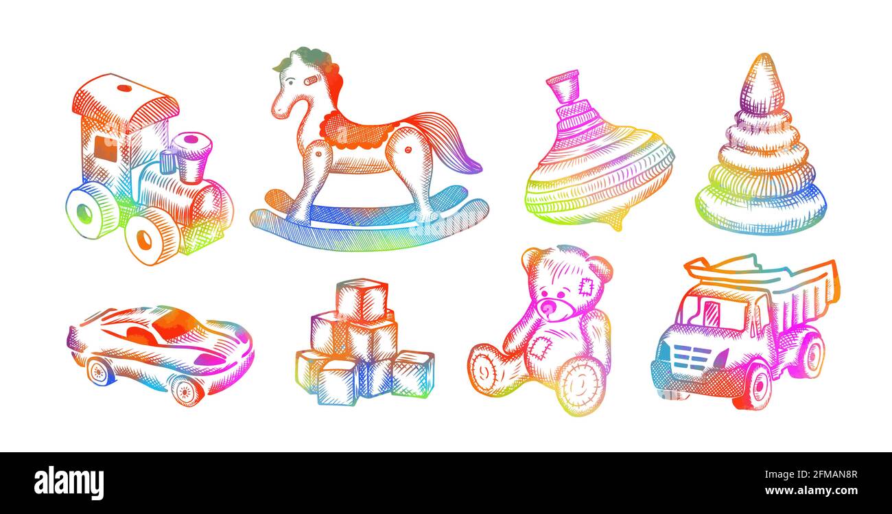 A set of children's colorful toys drawn with a pen. Vector illustration ...