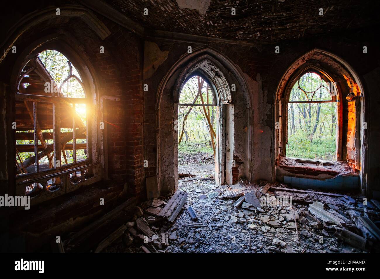 Inside old ruined abandoned historical mansion in Gothic style Stock ...