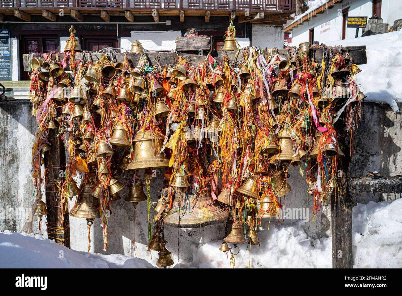 Prayer bells in the temple complex in the pilgrimage site of Muktinath ...